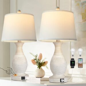 partphoner 【upgraded】 table lamps set of 2, bedside touch lamp with usb c+a charging ports, side table lamp with white fabric shade (led bulbs included)