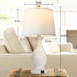 PARTPHONER 【Upgraded】 Table Lamps Set of 2, Bedside Touch Lamp with USB C+A Charging Ports, Side Table Lamp with White Fabric Shade (LED Bulbs Included)