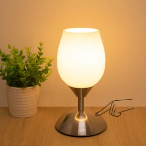 boncoo dimmable touch control table lamp, small lamp with opal glass lampshade ambient light bedside little lamp silver base modern accent lamp for bedroom, living room, e12 bulb included