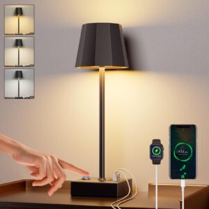 niaycouky cordless table lamp for bedroom, 8000mah battery operated rechargeable touch lamp with usb ports, portable led desk lamp 3 color stepless dimming, living room/restaurant//bars/party/camping…