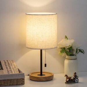 haitral bedside table lamp - modern nightstand lamp with linen fabric shade wooden desk lamps for bedrooms, office, college dorm, dinning room, girls room - 16 inches (ht-ad005)