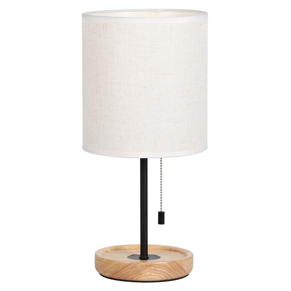 HAITRAL Bedside Table Lamp - Modern Nightstand Lamp with Linen Fabric Shade Wooden Desk Lamps for Bedrooms, Office, College Dorm, Dinning Room, Girls Room - 16 Inches (HT-AD005)