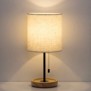 HAITRAL Bedside Table Lamp - Modern Nightstand Lamp with Linen Fabric Shade Wooden Desk Lamps for Bedrooms, Office, College Dorm, Dinning Room, Girls Room - 16 Inches (HT-AD005)