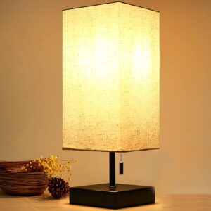 liangz ai bedside table lamp - minimalist lamps for bedrooms,living room,office,fabric linen lamp shade,modern desk lamp with black metal base and chain switch