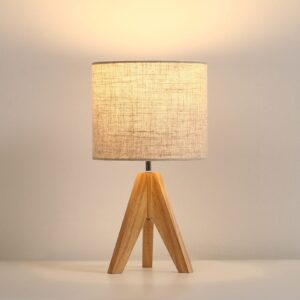 dewenwils small table lamp, boho bedside lamp with linen fabric shade, wood tripod nightstand lamp for living room, nursery, bedroom, kids room, side table, 14.2 inch, on/off switch