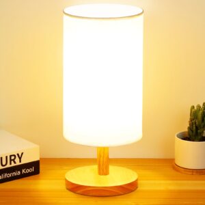 afrog table lamp for bedroom - 3 way dimmable nightstand lamp with round flaxen fabric shade for living room kids room office dorm,solid wood,12w, led bulb included