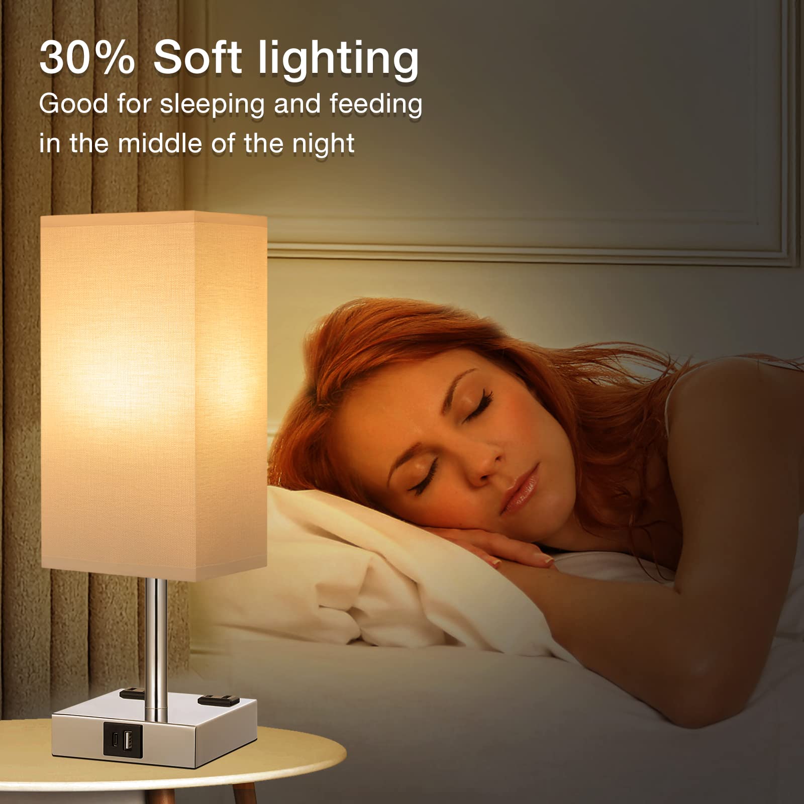 aooshine Set of 2 Touch Nightstand Lamp with USB-C+A Charge Ports& AC Outlets, 3-Way Dimmable Bedside Lamp with White Fabric Shade,Small Table Lamp for Bedroom Guest Room(Bulb Included)