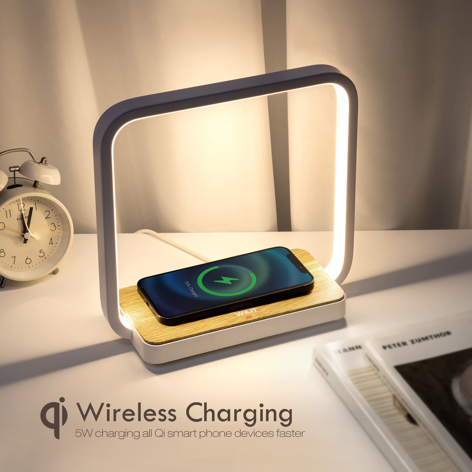 WILIT Bedside Lamp with Qi Wireless Charger, A13 Table lamp 3 Step Dimmable Touch Control Desk Lamp for for Living Room, Bedroom, Kids Room.