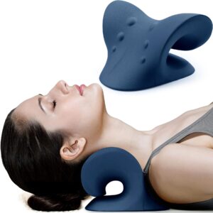 restcloud neck and shoulder relaxer, cervical traction device for tmj pain relief and cervical spine alignment, chiropractic pillow, neck stretcher (dark blue)