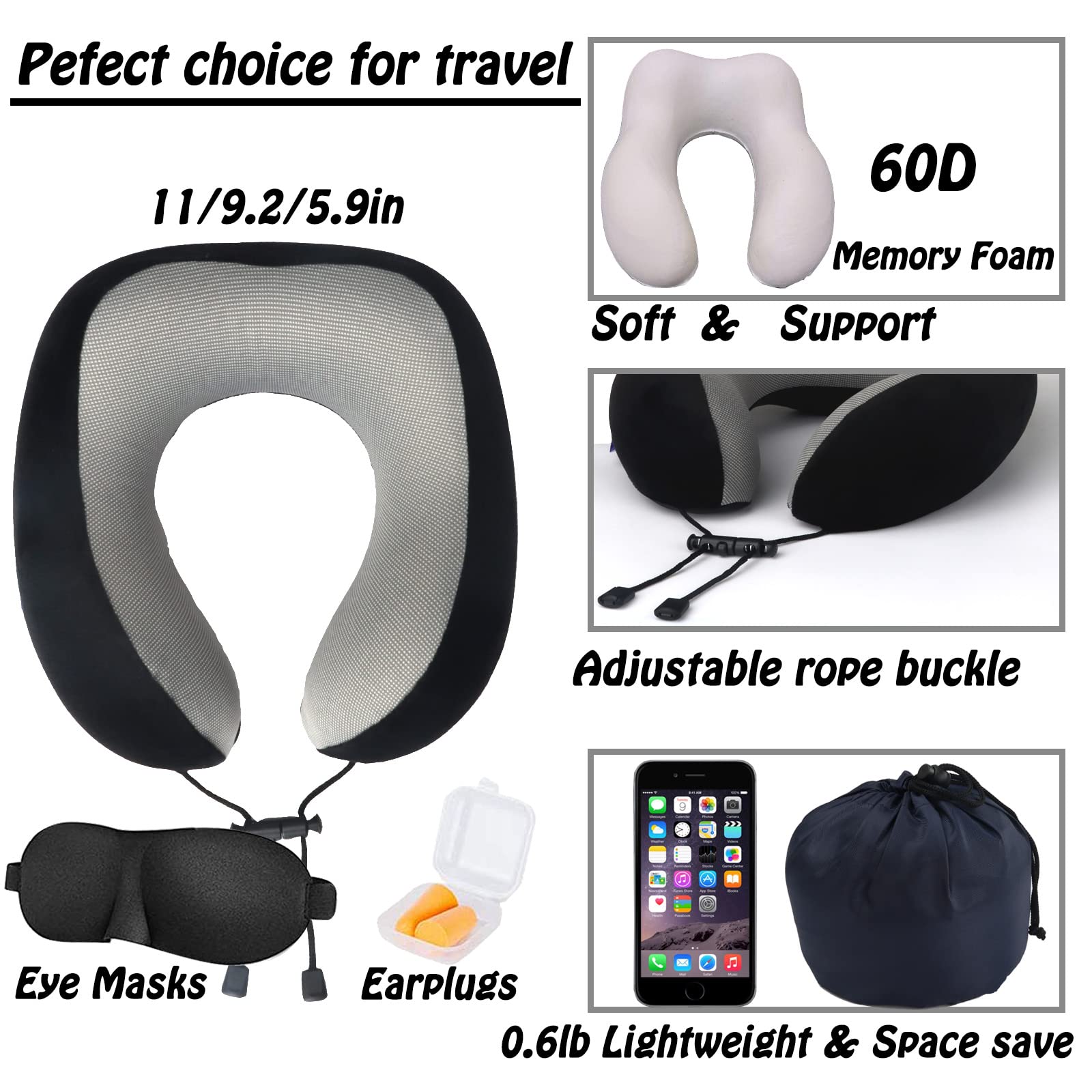 GOTDYA Travel Pillow,Travel Neck Pillows for Sleeping,100% Pure Memory Foam Soft Comfort & Support Pillow for Airplane/Car/Office&Home Rest Use-Black