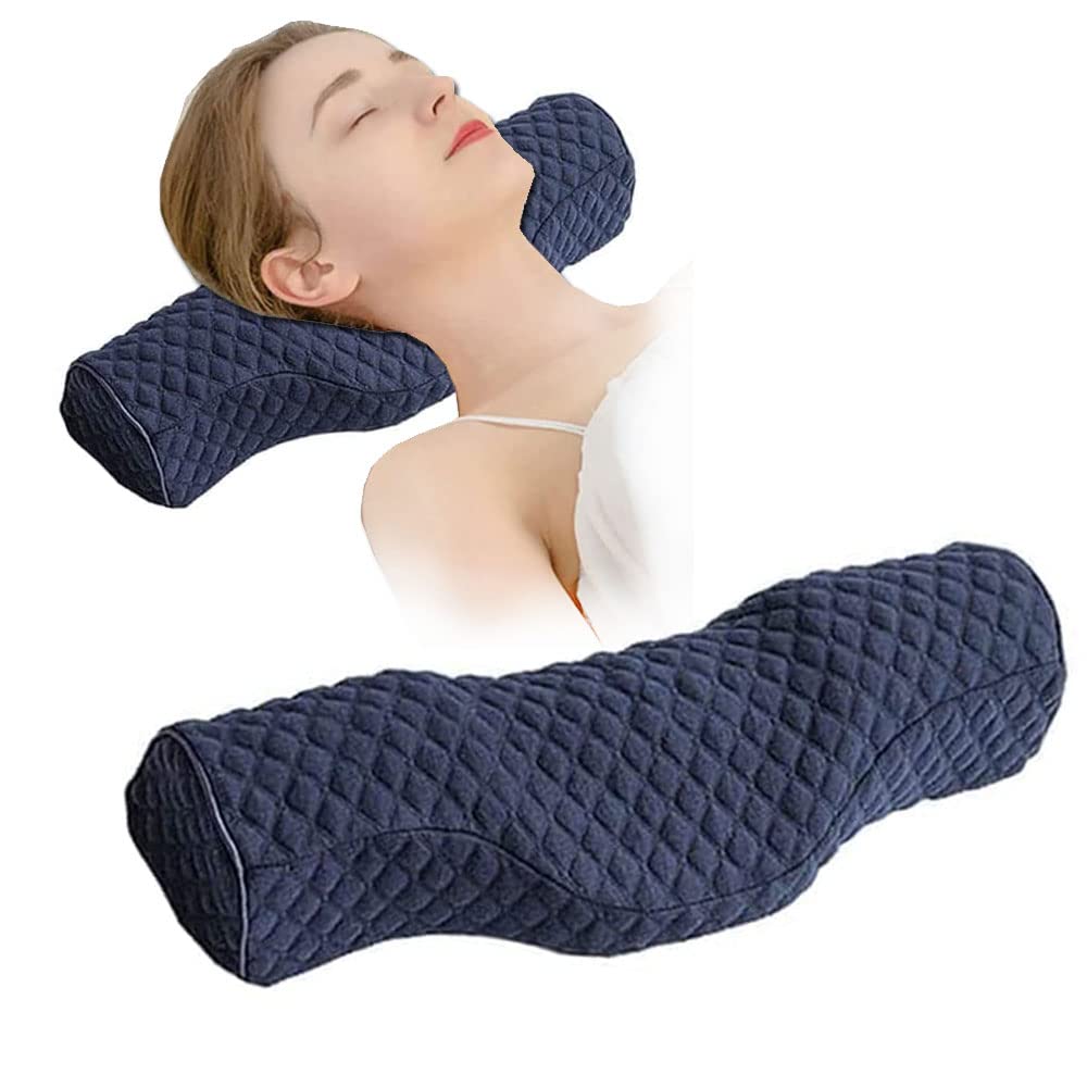 Cervical Neck Pillow for Pain Relief Sleeping, Neck roll Pillow Memory Foam for Stiff Neck Pain Relief ，Travel Bolster Pillow for Bed for Side Sleepers Back Sleeper. (Blue)