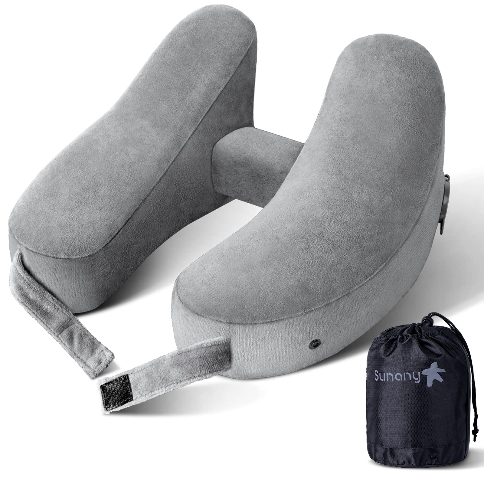 Neck Pillow for Travel Inflatable Airplane Pillow Comfortably Supports Head, Neck and Chin, Inflatable Travel Pillow with Soft Velour Cover and Portable Drawstring Bag (Grey)