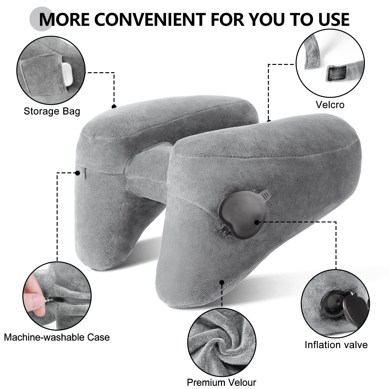 Neck Pillow for Travel Inflatable Airplane Pillow Comfortably Supports Head, Neck and Chin, Inflatable Travel Pillow with Soft Velour Cover and Portable Drawstring Bag (Grey)