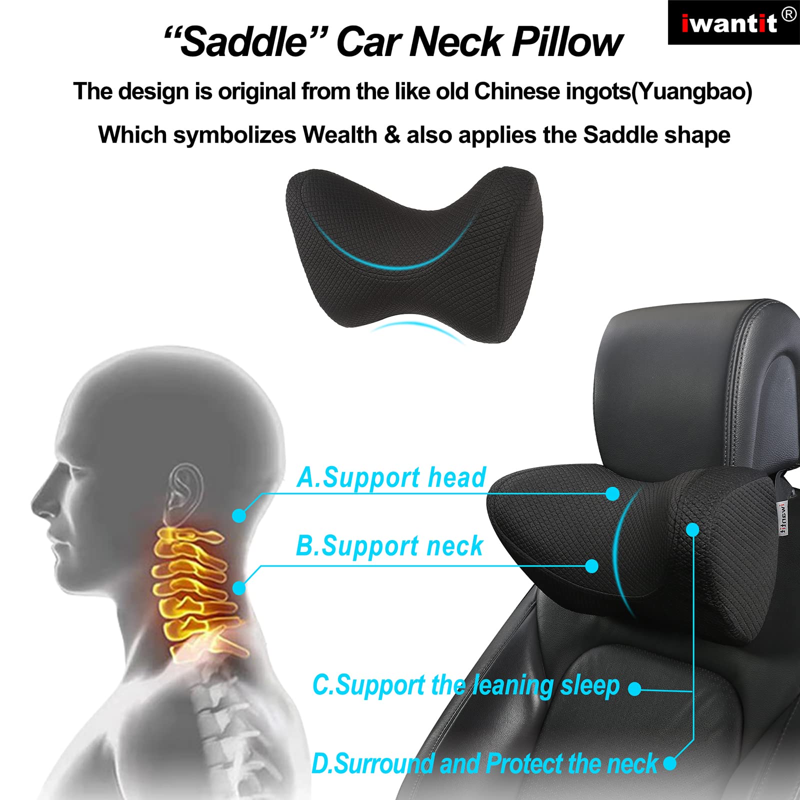 iwantit® Car Neck Pillows with Memory Foam,Automotive Seat Cushions of Headrests for Relieving Neck Stiffness &Supporting with Adjustable Straps and Comfy Outer Cover(Black,1Package, Large Size)