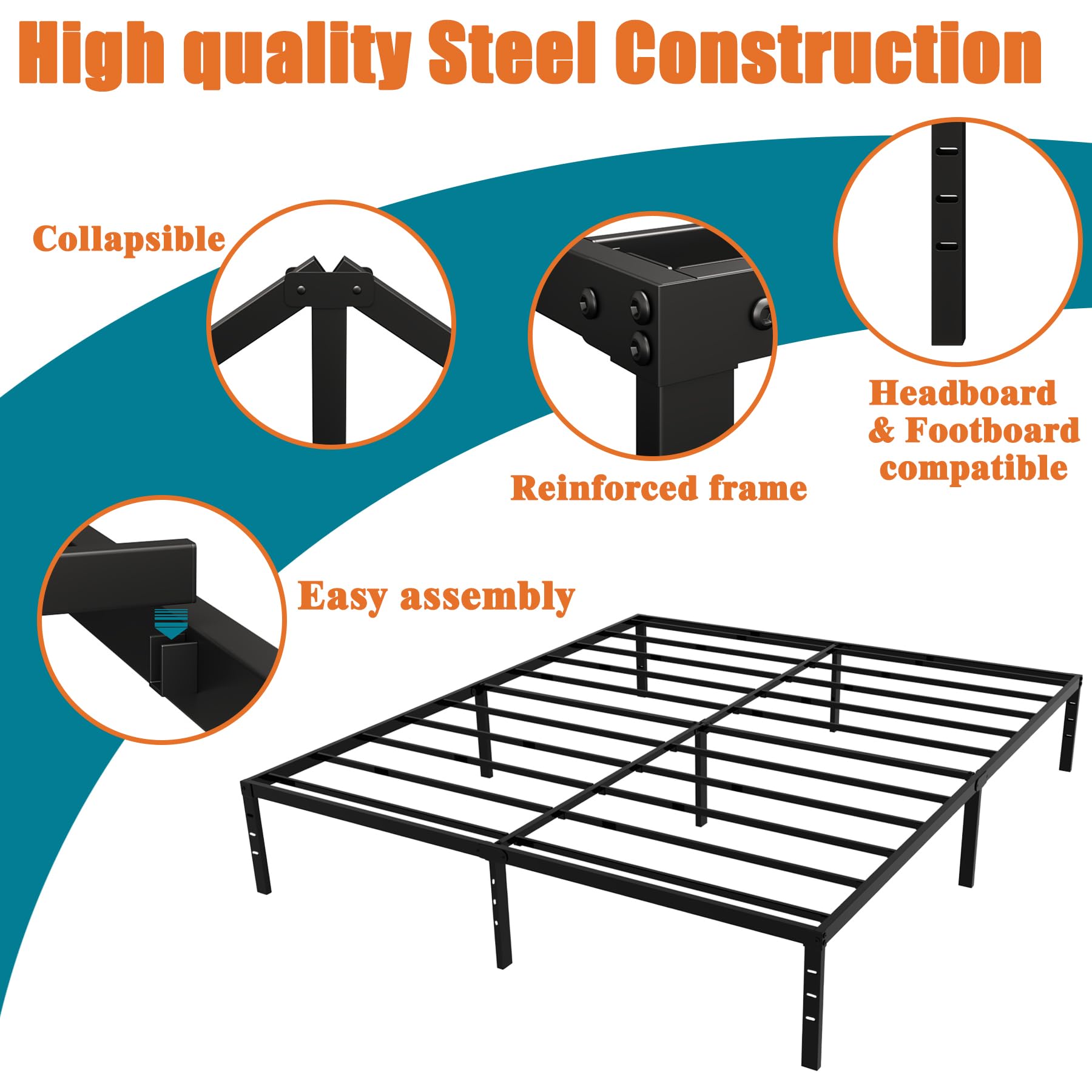 Caplisave King Size Bed Frame Metal Platform, Max 3500lbs Heavy Duty Metal Slat Support, 18 Inch High Underbed Storage King Bed Frames, Easy Assembly, No Box Spring Needed, Black