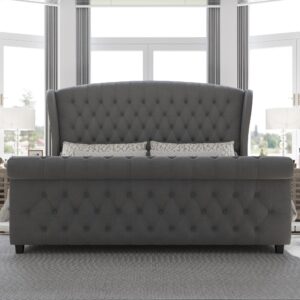 AMERLIFE King Size Platform Bed Frame, Velvet Upholstered Sleigh Bed with Scroll Wingback Headboard & Footboard/Button Tufted/No Box Spring Required/Grey