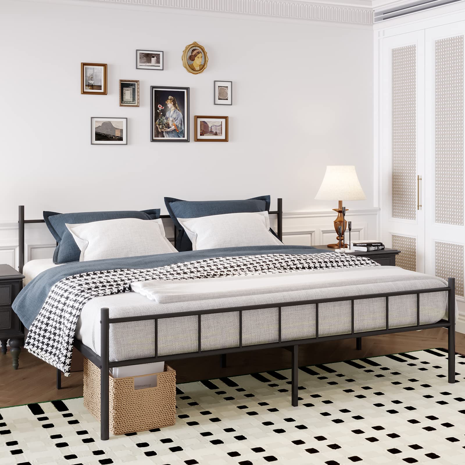 zunatu Classic Metal Bed Frame Platform Mattress Foundation with Classic Style Iron-Art Headboard/Footboard/Under Bed Storage/No Box Spring Needed/California King Size Black