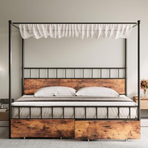 likimio canopy bed frame king with wooden headboard and drawer, king size bed frame with 4 removable sturdy posts, noise free, no box spring needed, vintage brown