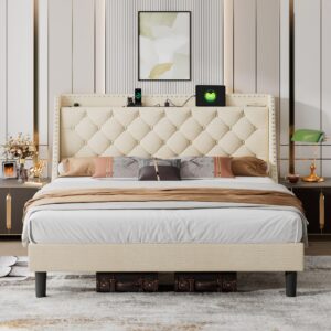 ipormis king bed frame with 16" deluxe wingback & usb & type-c ports, upholstered platform beds with button tufted storage headboard, solid wood slats support, no box spring needed, beige