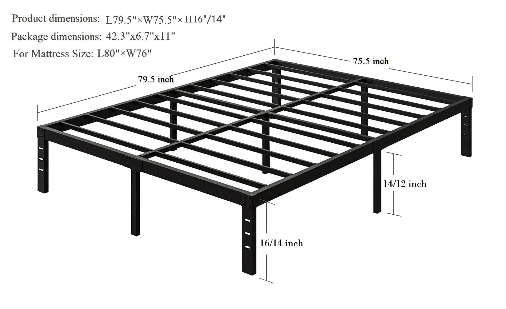 COMASACH 14 Inch King Size Bed Frame Supports up to 3500lbs, No Box Spring Needed, Platform with Heavy Sturdy Metal Steel, Easy Assembly, Under Bed Storage, Noise-Free, Non-Slip