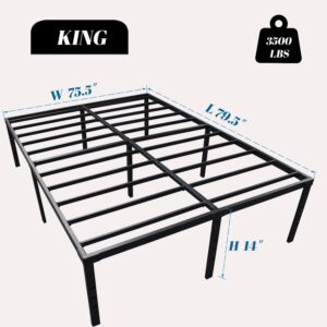 Chezisam King Size Metal Bed Frame 14 "high Heavy Duty Platform Bed Can Support 3500lbs No Box Spring Needed with Under Bed Storage Space Easy Assembly Non-slip and Noiseless Black