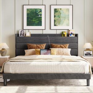 likimio king size bed frame, storage headboard with outlets, sturdy and stable, no noise, no box springs needed, dark gray