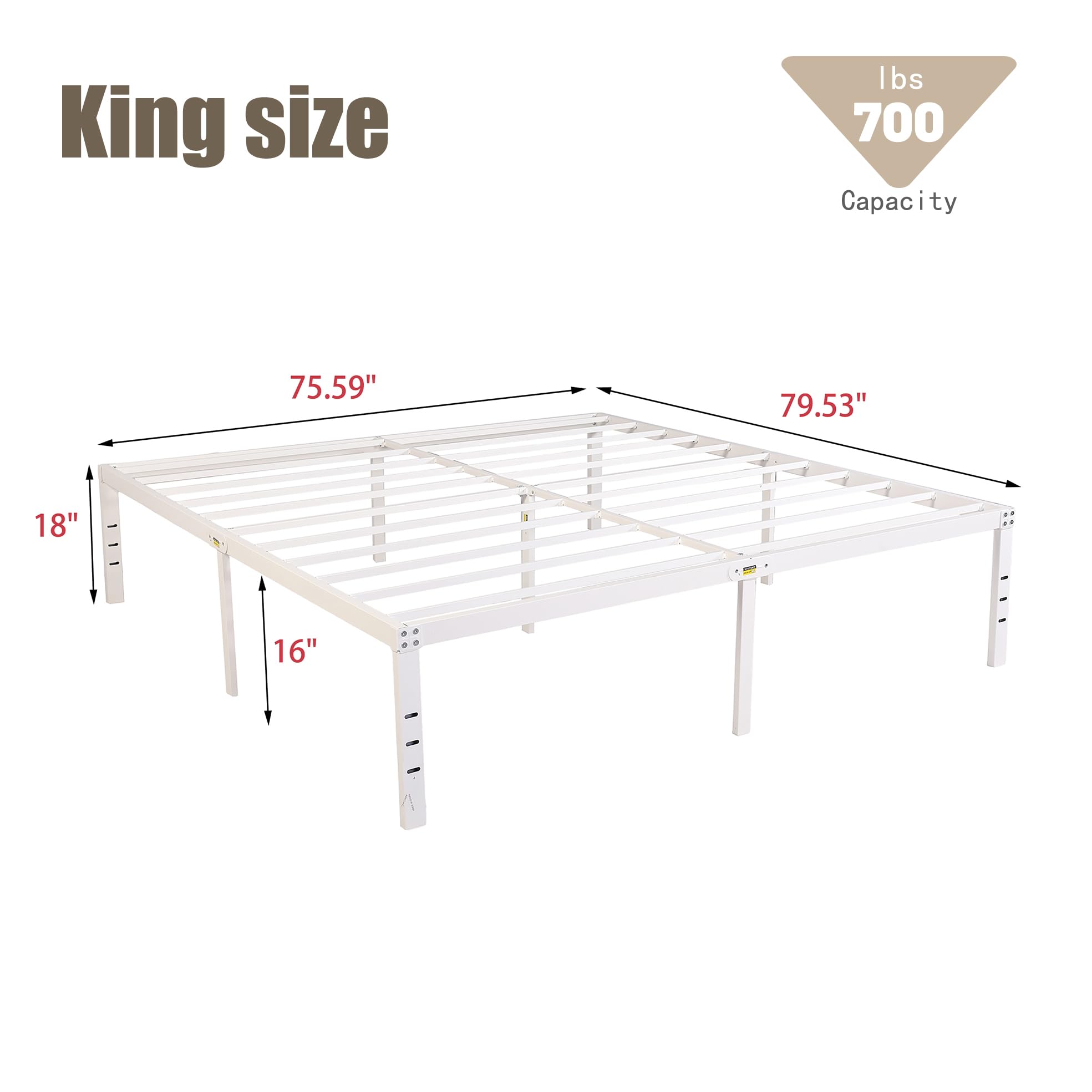 alazyhome 18 Inch Metal King Size Bed Frame Heavy Duty Platform Noise Free Steel Slat Support Easy Assembly Noise Free No Box Spring Required White