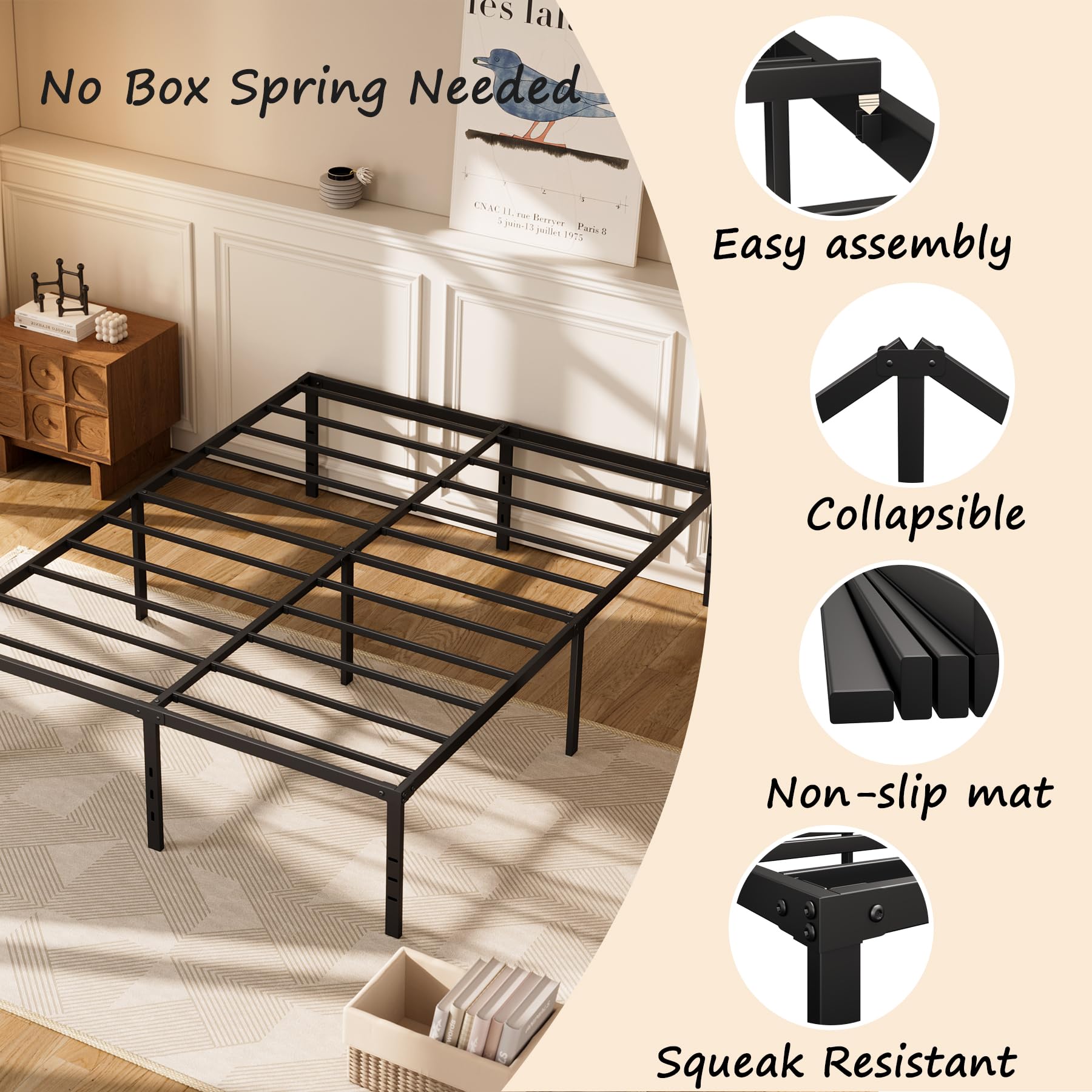 Jebosam 18 inch California King Bed Frame No Box Spring Needed Heavy Duty Platform Cal King Bed Frame Steel Support 2500 lbs Non-Slip Noise Free Black Cali Kng bed frame