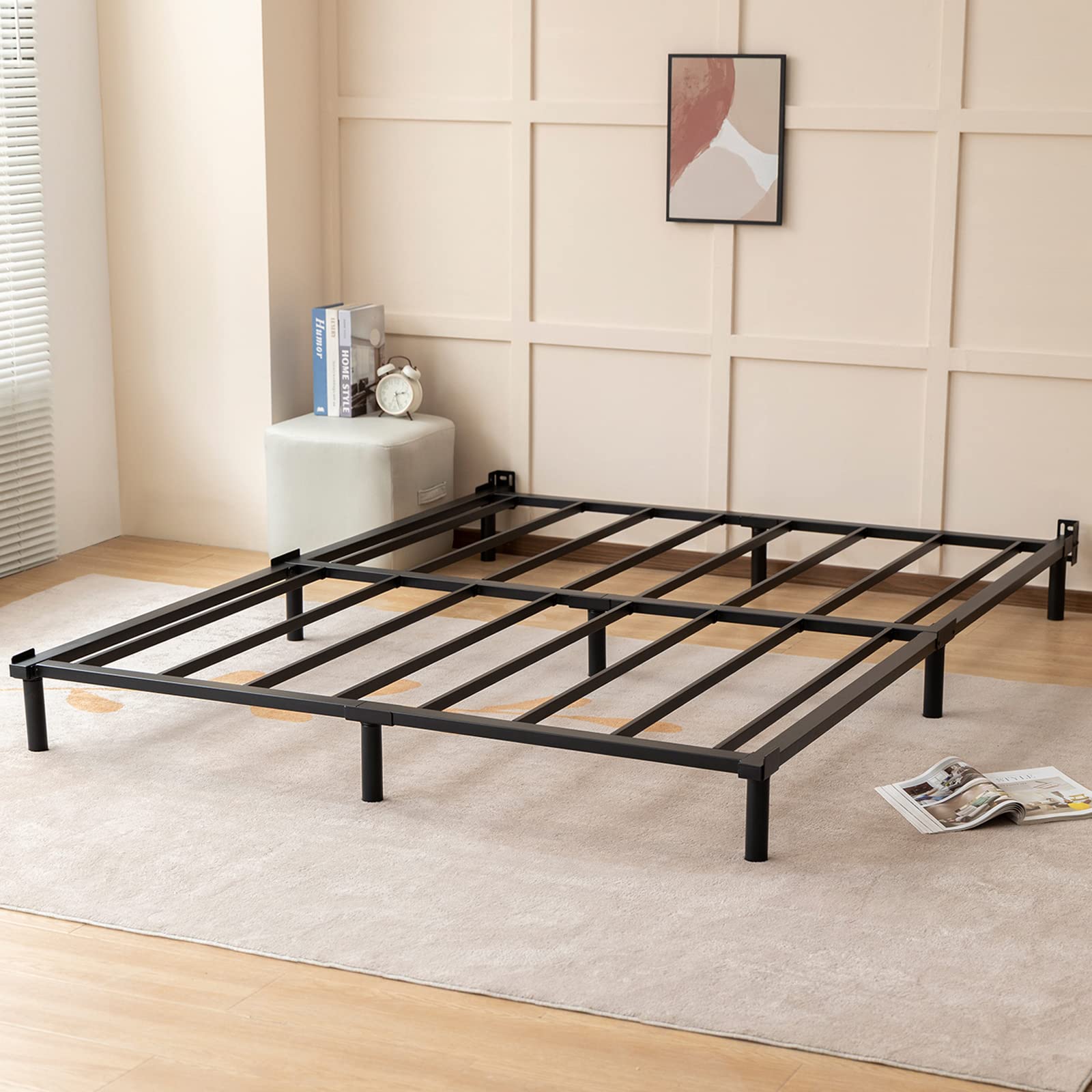 DTIG King Bed Frame, 7 Inch King Size Platform Bed Frame No Box Spring Needed, Easy Assembly Floor King Bed Frame, Tool-Free Metal Mattress Foundation Black