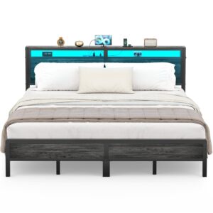 homieasy king size bed frame with charging station and led lights, industrial metal platform bed with storage headboard, steel slat support, no box spring needed, noise-free, easy assembly, black oak