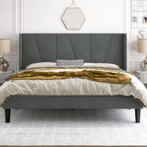 hoomic king size platform bed frame with geometric wingback headboard, wooden slats support, no box spring needed, modern style in dark grey