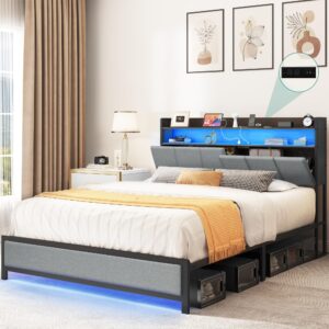 yitahome queen size bed frame, led bed frame with shelf storage & upholstered headboard, heavy duty metal slats platform bed frame with charging station, no box spring needed, gray