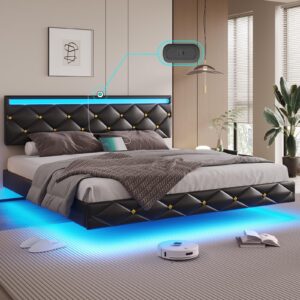 dictac floating bed frame king size with led lights and usb ports,faux leather platform king bed frame with headboard, low profile king led bed frame, no box spring needed, easy to assemble, black