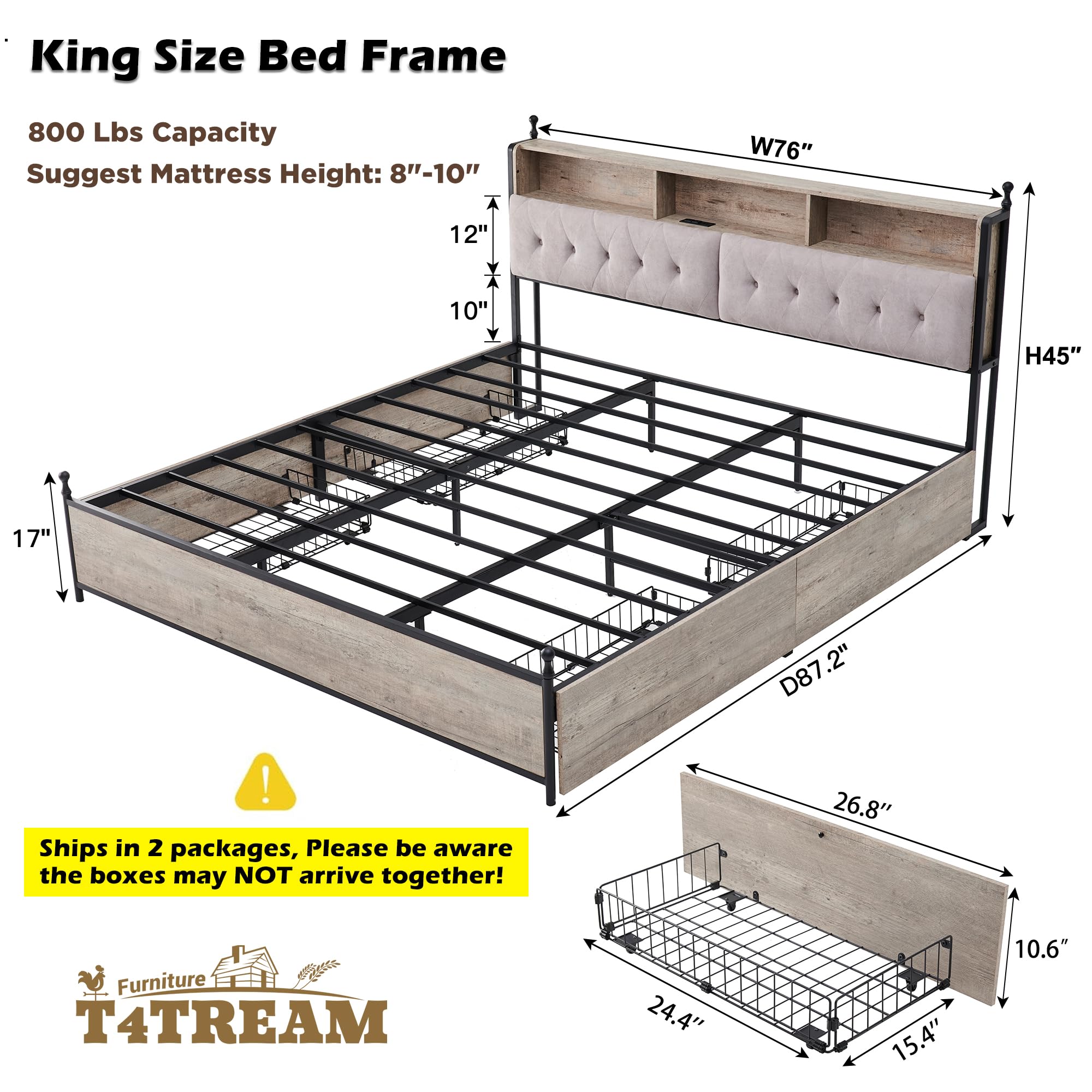 T4TREAM King Bed Frame with Storage Upholstered Headboard and 4 Drawers, Farmhouse Metal Platform Bed w/LED Lights & Charging Station, Stable & Easy Assembly, No Box Spring Needed, Light Rustic Oak