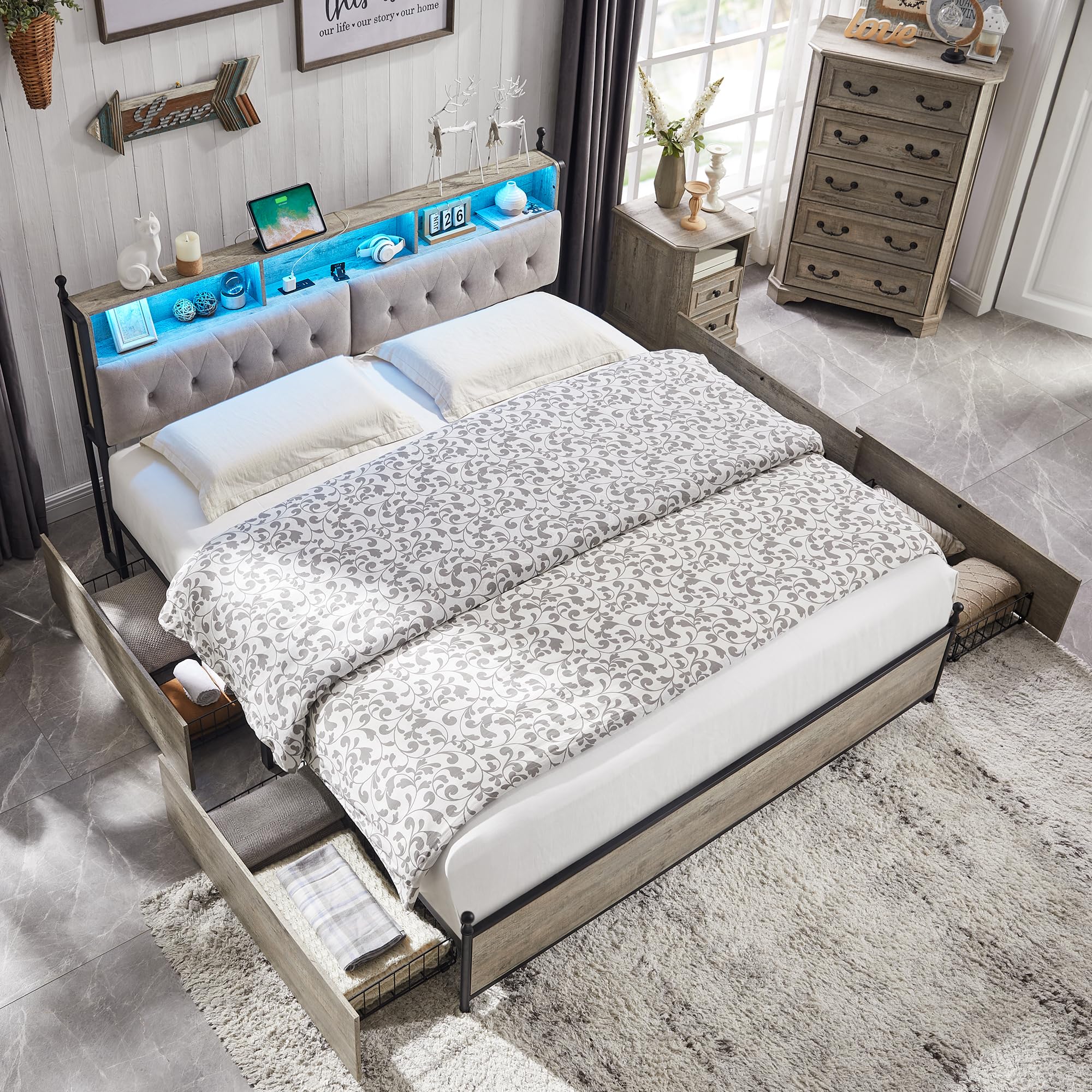 T4TREAM King Bed Frame with Storage Upholstered Headboard and 4 Drawers, Farmhouse Metal Platform Bed w/LED Lights & Charging Station, Stable & Easy Assembly, No Box Spring Needed, Light Rustic Oak