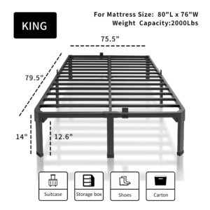 Superay 14 Inch Metal King Size Bed Frame with Mattress Slide Stopper - Double Black Basic Steel Slats Platform, Easy Assembly Heavy Duty Noise Free Bedframes, No Box Spring Needed