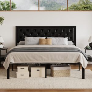 sha cerlin king size bed frame, metal platform bed with faux leather upholstered button tufted headboard, mattress foundation with 12.4” storage, no box spring needed, easy assembly, black