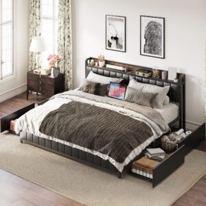 ANCTOR King Bed Frame with Storage Drawers Headboard & Footboard, Upholstered Platform Bed with USB Ports & Outlets, No Box Spring Needed