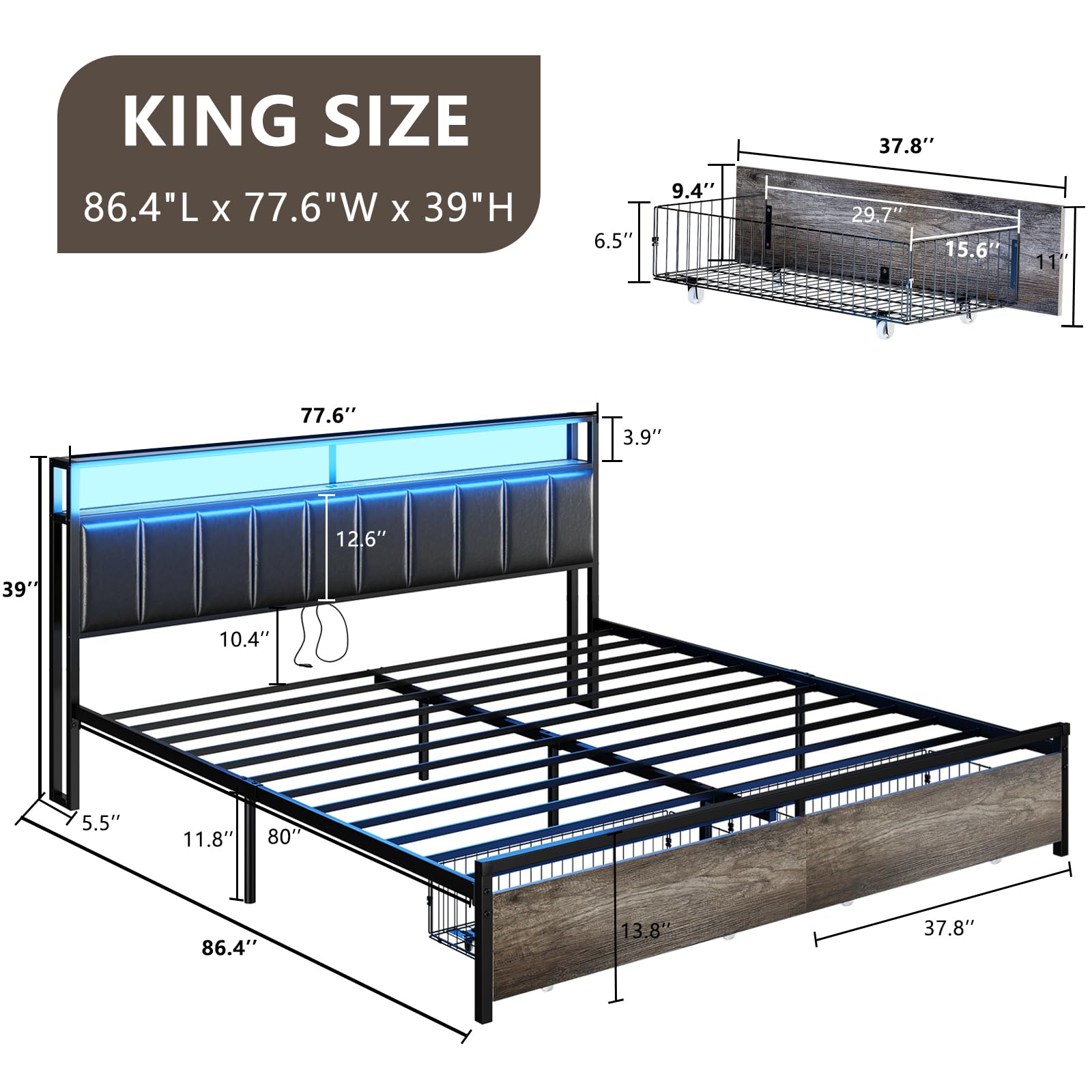 AMERLIFE LED Bed Frame with Drawers, King Platform Bed Frame with 2-Tier Storage & Leather Upholstered & Charging Station Headboard, No Box Spring Needed, Easy Assembly, Noise Free, Rustic Grey