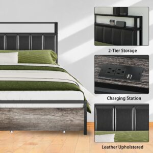 AMERLIFE LED Bed Frame with Drawers, King Platform Bed Frame with 2-Tier Storage & Leather Upholstered & Charging Station Headboard, No Box Spring Needed, Easy Assembly, Noise Free, Rustic Grey