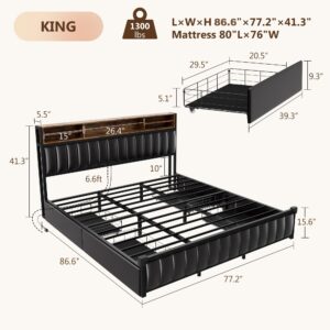 King Size Bed Frame with Bookcase Headboard and Charging Station, Upholstered Platform Bed King Size with 4 Storage Drawers & LED Lights, USB-C & USB Ports, Heavy Duty Slats, No Box Spring Needed