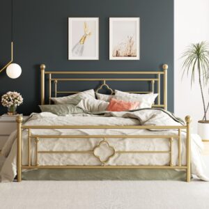 hoomic 14 inch king size metal platform bed frame with vintage victorian style, wrought iron headboard and footboard/mattress foundation for storage/no box spring required/easy assembly/gold