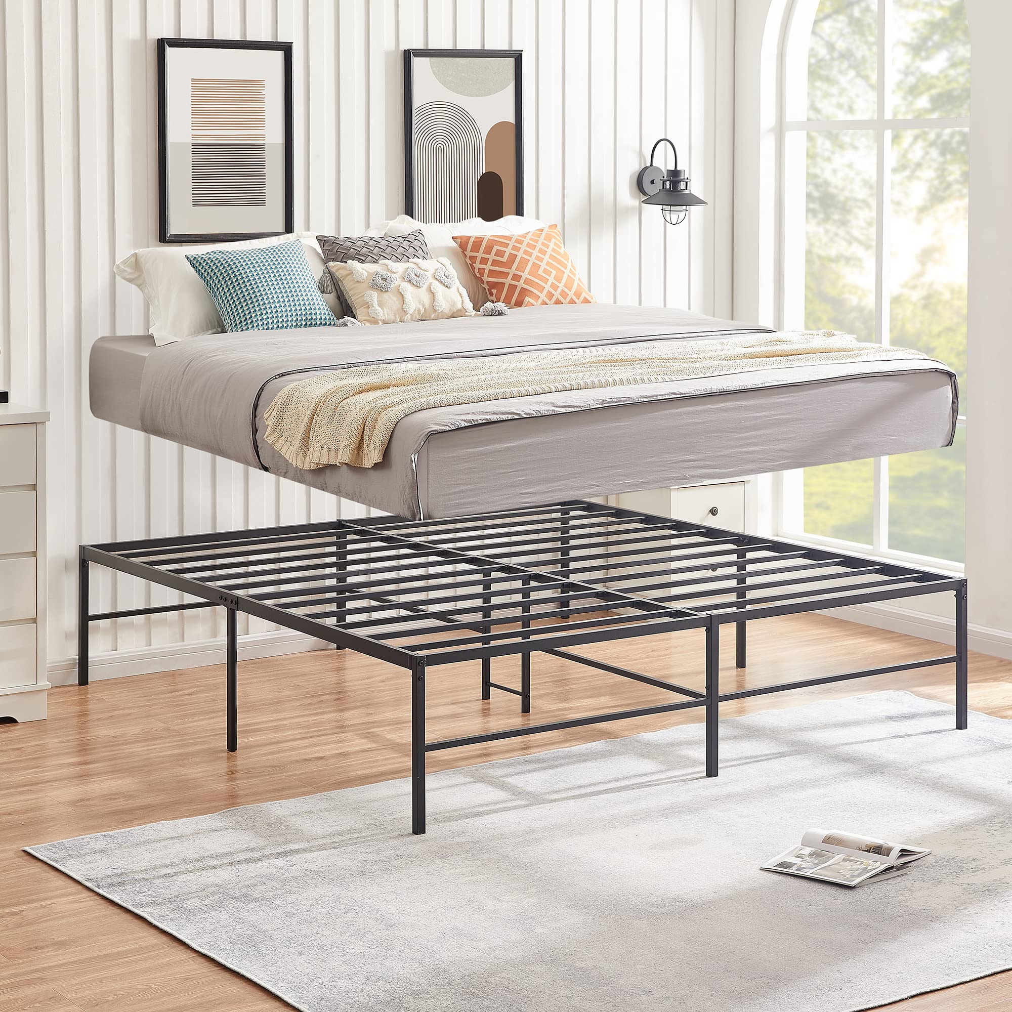 VECELO 18" Metal Platform Tall Bed Frame,Mattress Foundation/No Box Spring Needed/Heavy Duty Steel Slat Support (King Size)