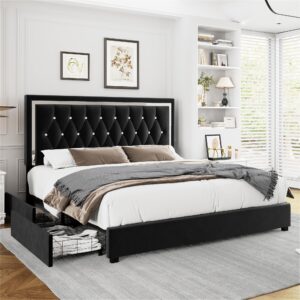 hithos king size bed frame with 4 storage drawers and adjustable headboard, modern upholstered platform bed with wood slat support, diamond button tufted design, no box spring needed (black, king)