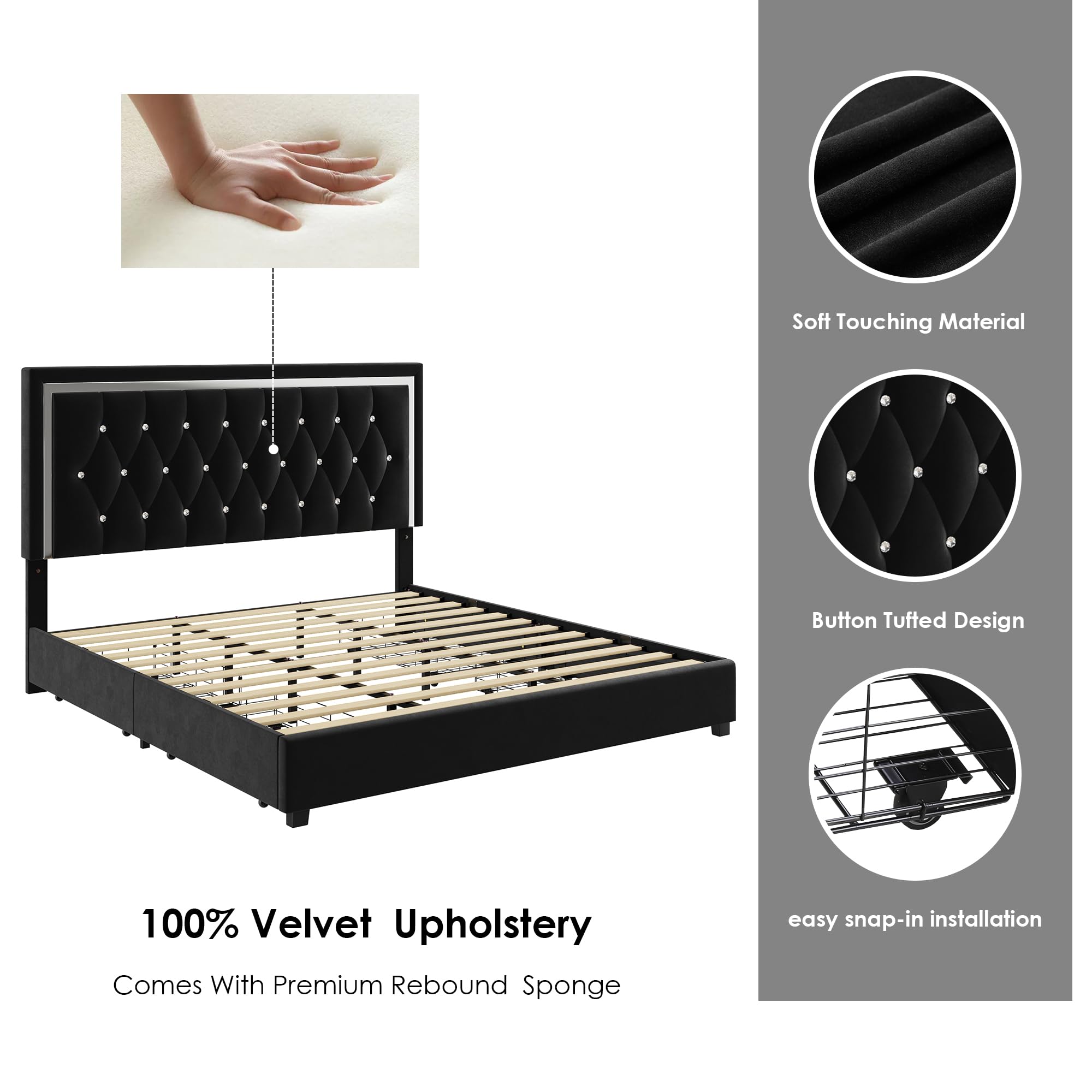 HITHOS King Size Bed Frame with 4 Storage Drawers and Adjustable Headboard, Modern Upholstered Platform Bed with Wood Slat Support, Diamond Button Tufted Design, No Box Spring Needed (Black, King)