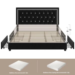 HITHOS King Size Bed Frame with 4 Storage Drawers and Adjustable Headboard, Modern Upholstered Platform Bed with Wood Slat Support, Diamond Button Tufted Design, No Box Spring Needed (Black, King)