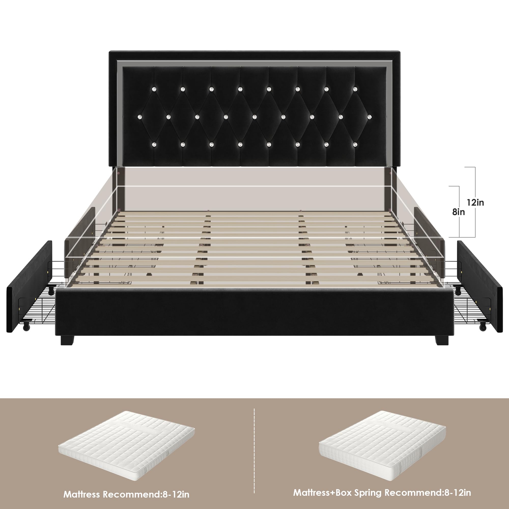 HITHOS King Size Bed Frame with 4 Storage Drawers and Adjustable Headboard, Modern Upholstered Platform Bed with Wood Slat Support, Diamond Button Tufted Design, No Box Spring Needed (Black, King)