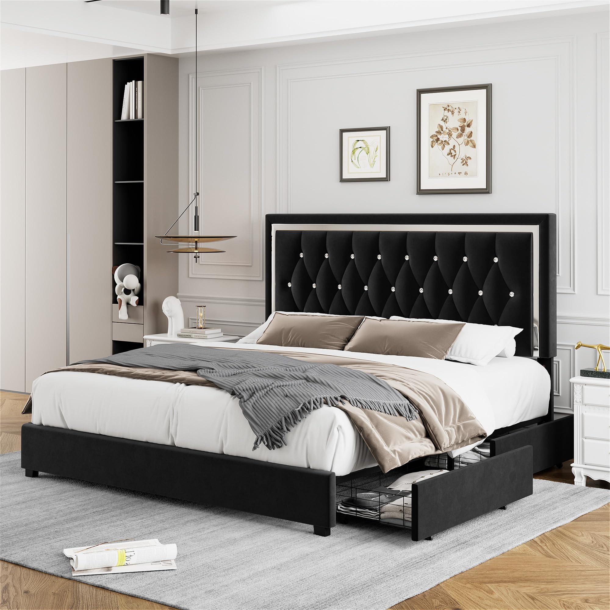 HITHOS King Size Bed Frame with 4 Storage Drawers and Adjustable Headboard, Modern Upholstered Platform Bed with Wood Slat Support, Diamond Button Tufted Design, No Box Spring Needed (Black, King)