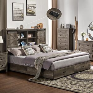 vanacc king size bed frame, wooden platform storage bed with 51.2" bookcase headboard, 2 drawers, charging station/no box spring needed/noise free(rustic grey)