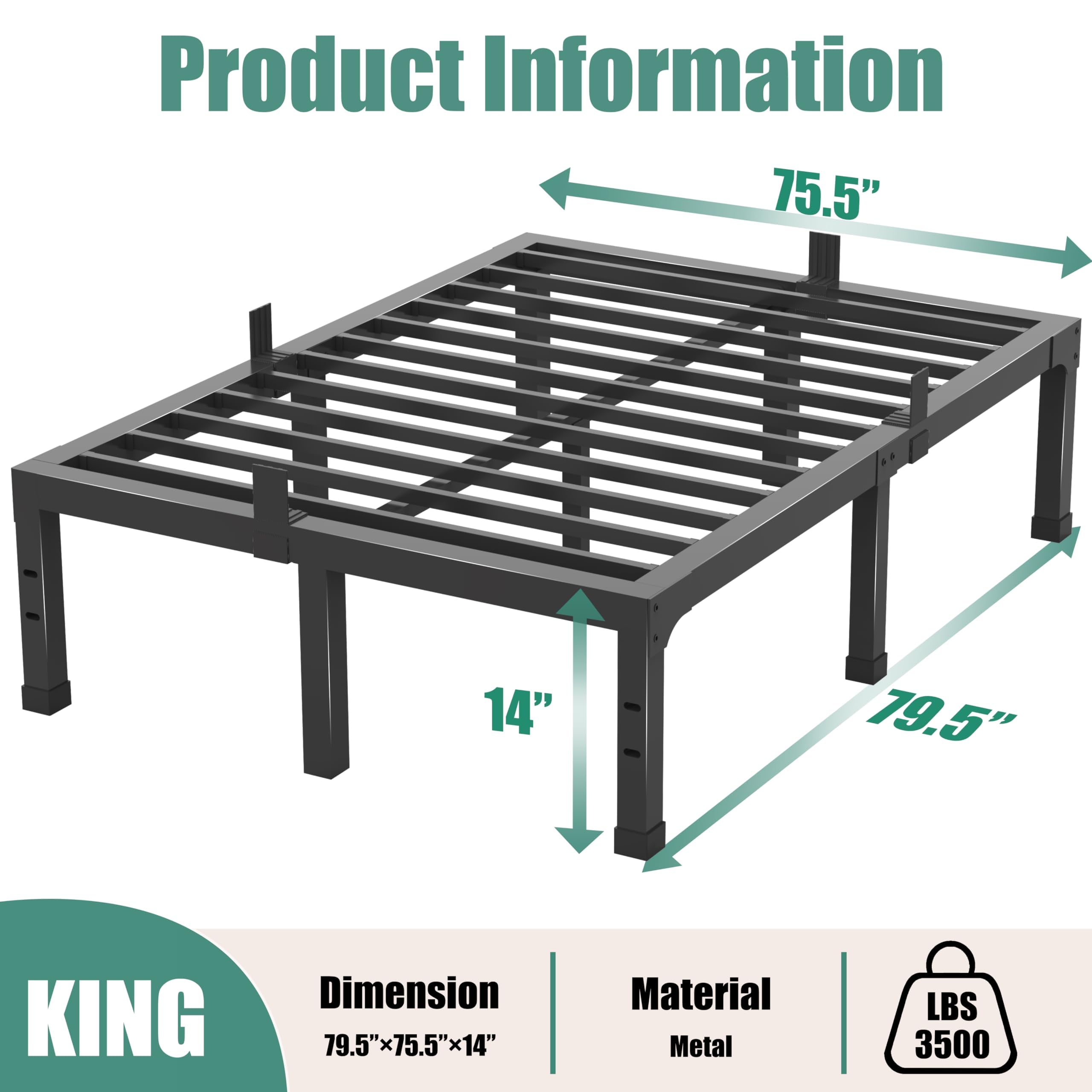 Yitong Angel King Bed Frame, 14 Inch High 3500 lbs Metal Platform, Mattress Foundation with Steel Slat Support/No Box Spring Needed/Noise Free/Non-Slip/Easy Assembly